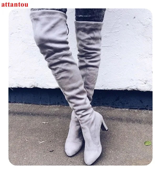 Hot Fashion Woman's Gray Long Boots Suede Leather Autumn Winter Slip-on ...