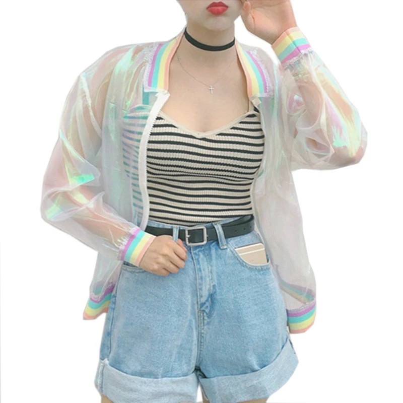 Harajuku Summer Women Jacket Laser Rainbow Symphony Hologram Women ...