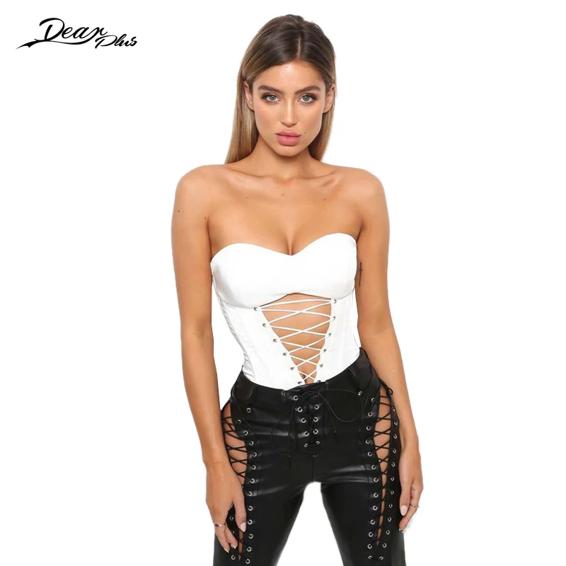 Women Sexy Strapless Hollow Out Lace Up Bodysuits Fashion Sleeveless