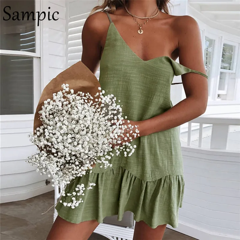 Sampic Backless Sundress Women Mini Dress Ruffle Spaghetti Strap Casual