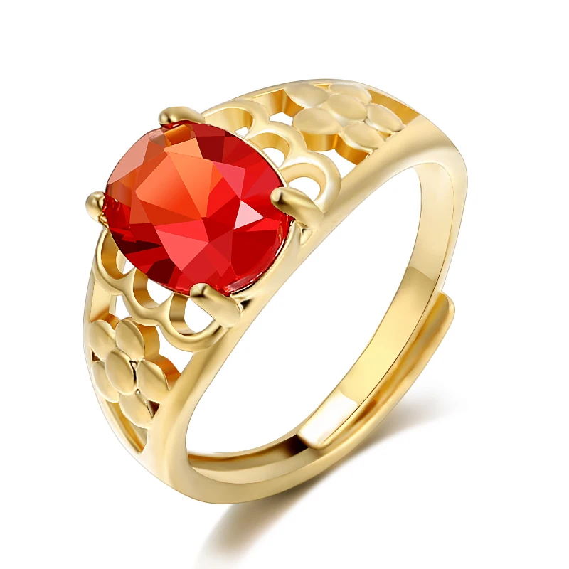 Wedding Red Crystal Gold Color Rings Flower Cubic Zircon Ring Bijoux ...