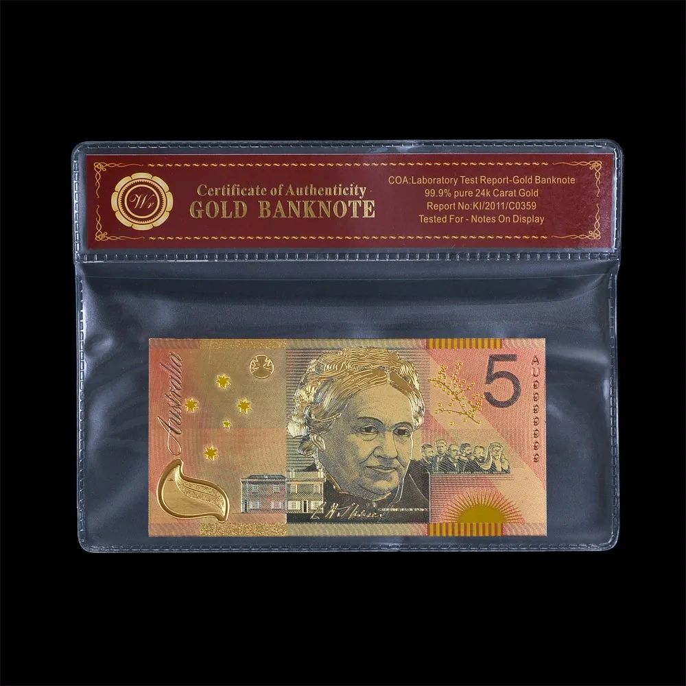 Colorful 5 AUD Fake Money Gold Plated Foil Australia Banknote with COA ...