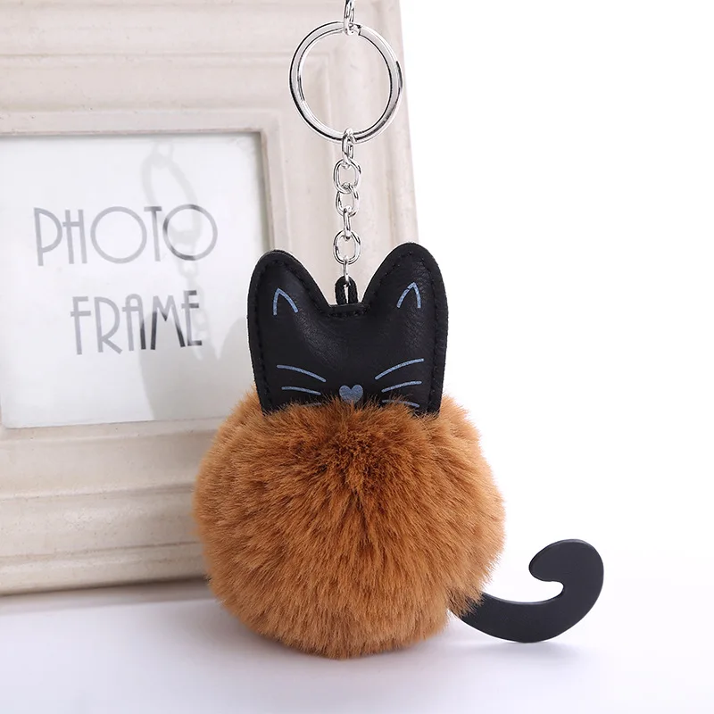 Cute Cat Fluffy Key Chain Leather Pompom Keychain Faux Rabbit Fur Ball ...