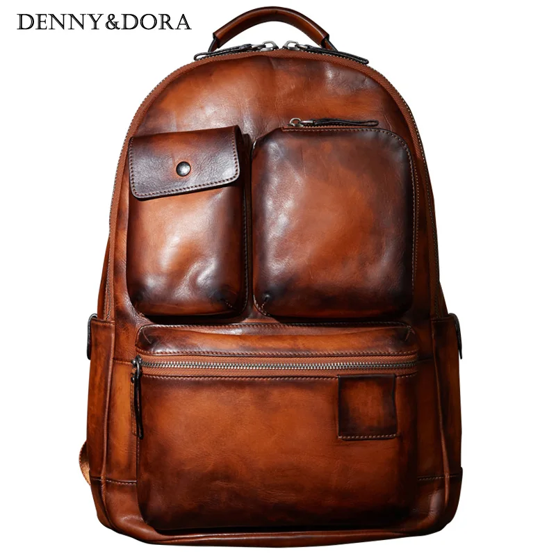 Mens Cow Leather Backpack Luxury Leather Bag Simple Military Style ...