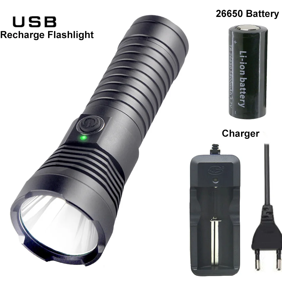 USB 26650 LED Flashlight T6 Recharge Torch Lamp waterproof lights For ...
