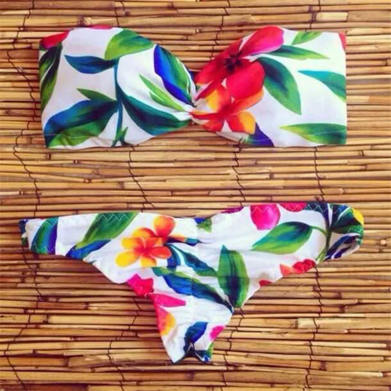 2019 Bikini Set Strapless Push Up Padded Swimwear Exotic Retro Floral Print Swimsuit Bathing
