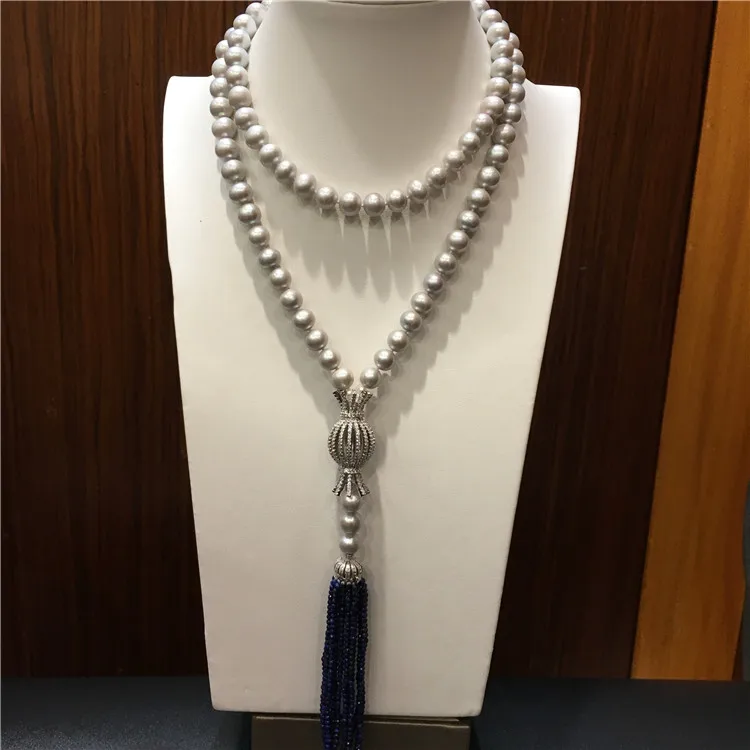 Hand Knotted Natural 100cm 8 9mm Gray Freshwater Pearl Temperament