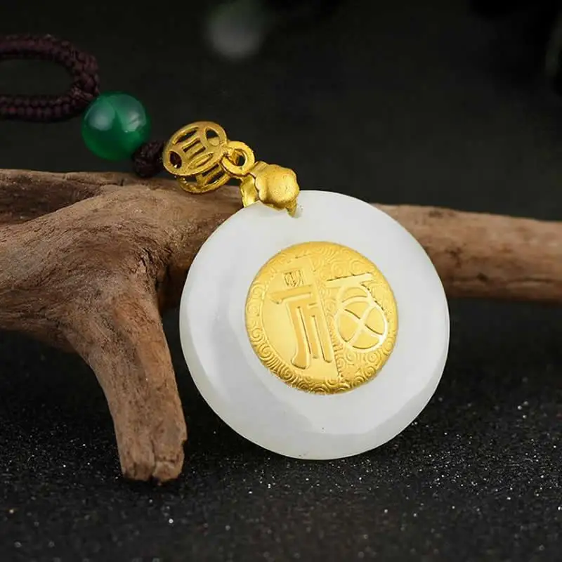 New Arrival Yellow Gold Round Circle White Jadeite Carved Fu Pendant ...