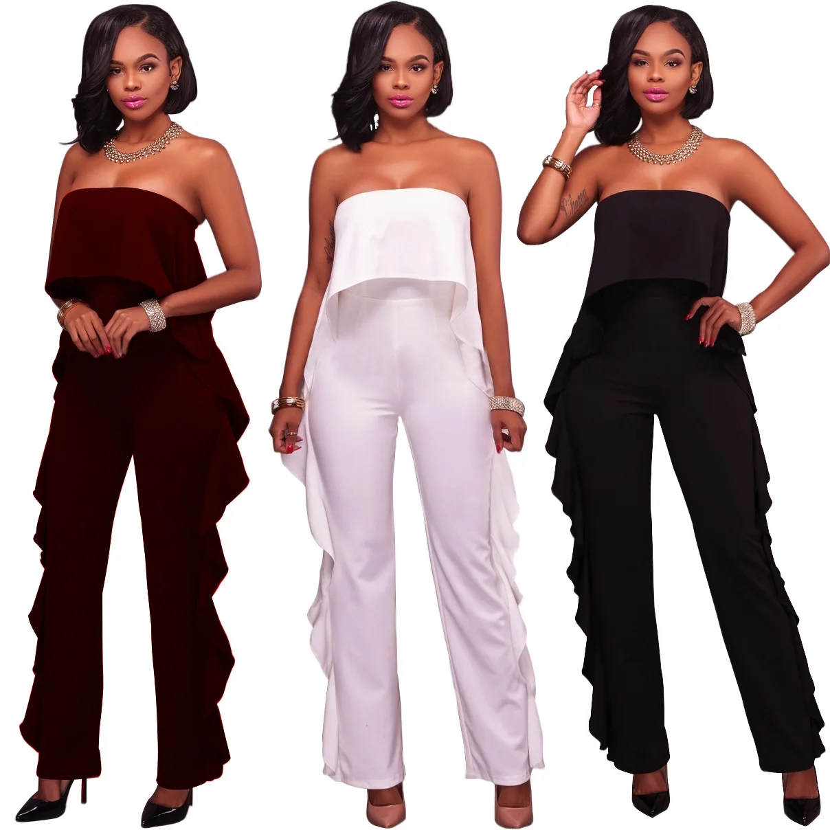 Autumn Women Sexy Tube Top Jumpsuits Female Wave Lotus Leaf Rompers ...