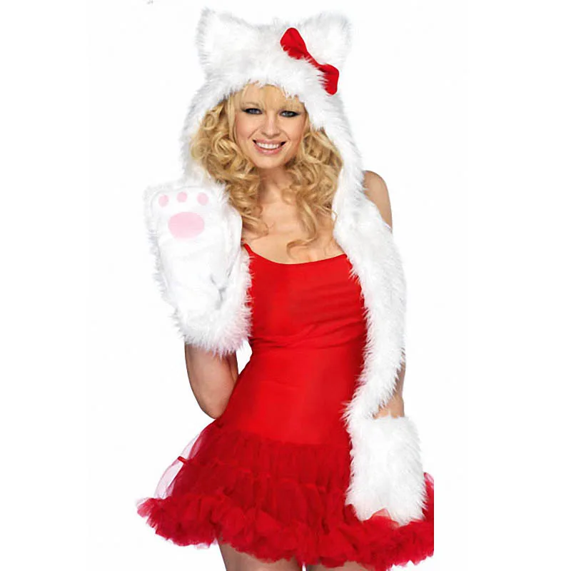 Adorable Fuzzy Furry Soft White Plush Paw Cat Kitten Red Bow Costume ...