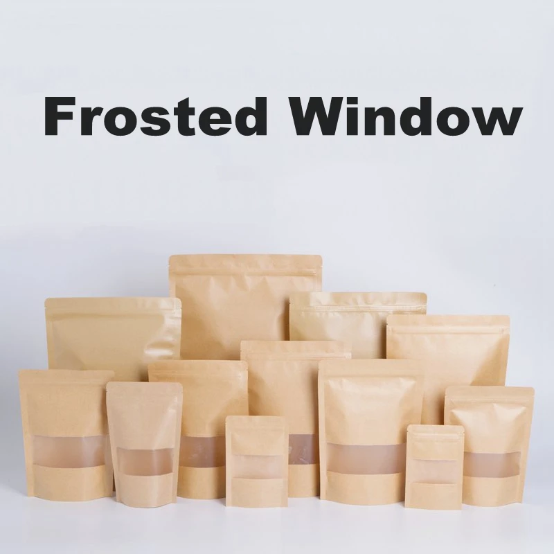 100pcs Zip Lock Kraft Paper Bag With Frosted Window Tea Packaging Gift ...