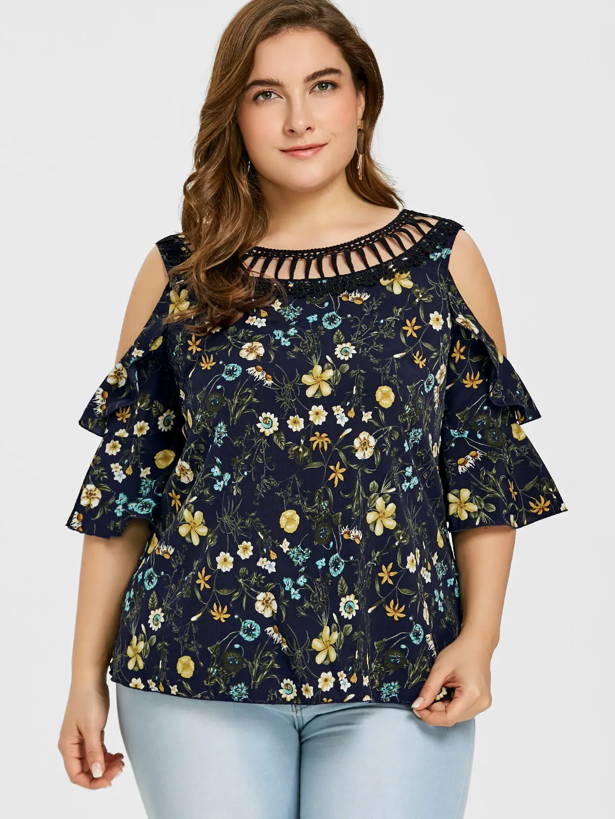 Gamiss Women Causal T Shirts Plus Size 5xl Hollow Out Cold Shoulder