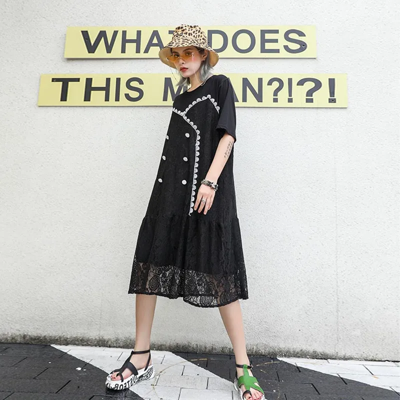 Johnature 여름 2019 새로운 느슨한 캐주얼 패션 여성 드레스 O 넥 하프 슬리브 패치 워크 레이스 빈티지 여성 드레스