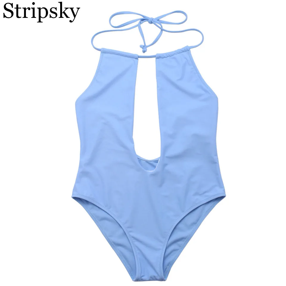 Stripsky One Piece Swimsuit Women Deep Neck Monokini Solid Womens