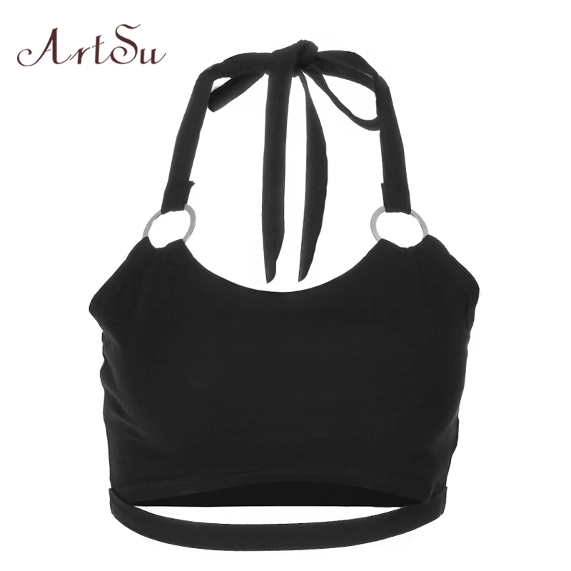 ArtSu Black Halter Neck Top Backless Workout Off Shoulder Crop Top ...