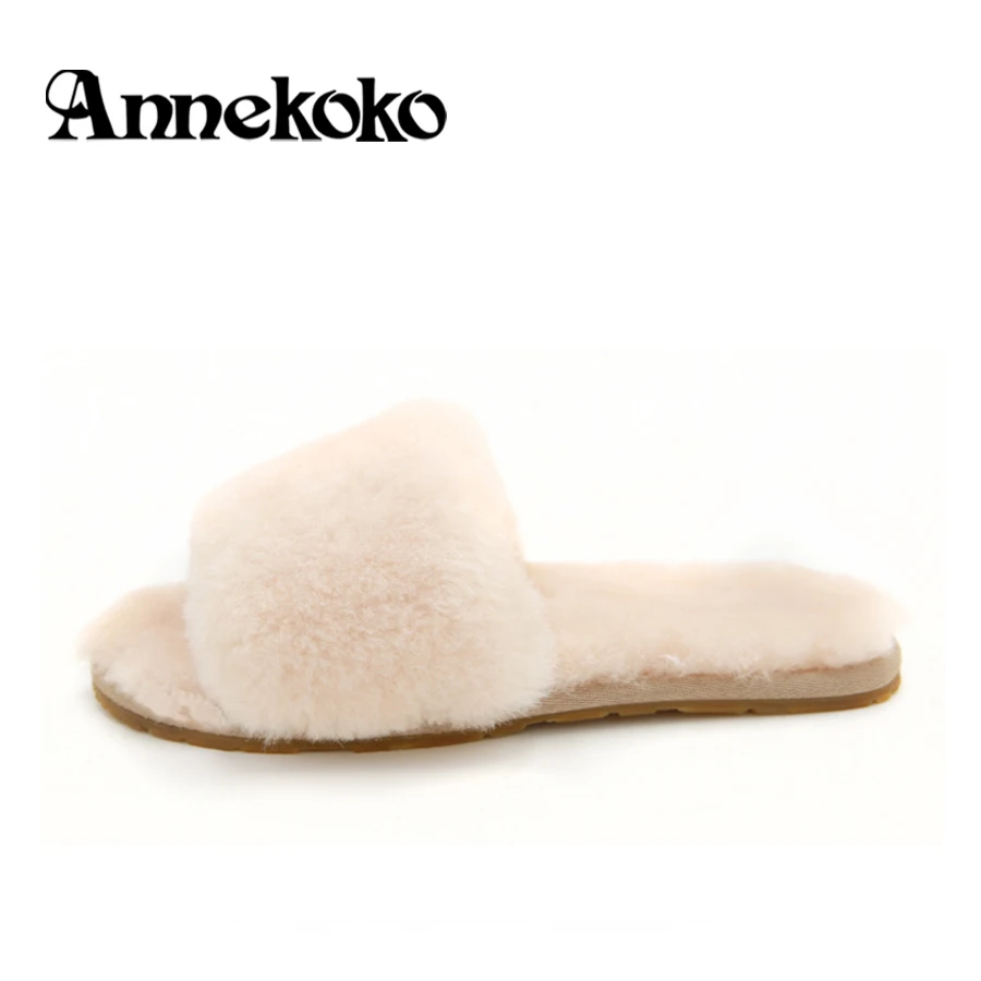100% Real Wool Ladies Open Toe Shoes 2017 Korean Warm Flat Slipper ...