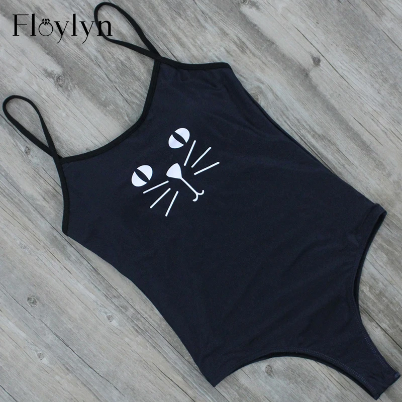 Floylyn California Classic Sexy Black Cat Print One Piece Swimsuit