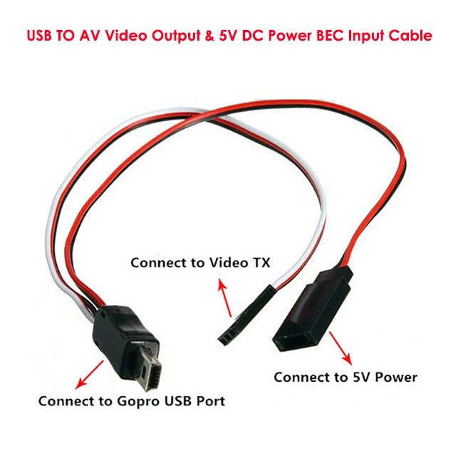 2pcs Usb To Av Video Output & 5v Dc Power Bec Input Cable For Fpv Gopro ...