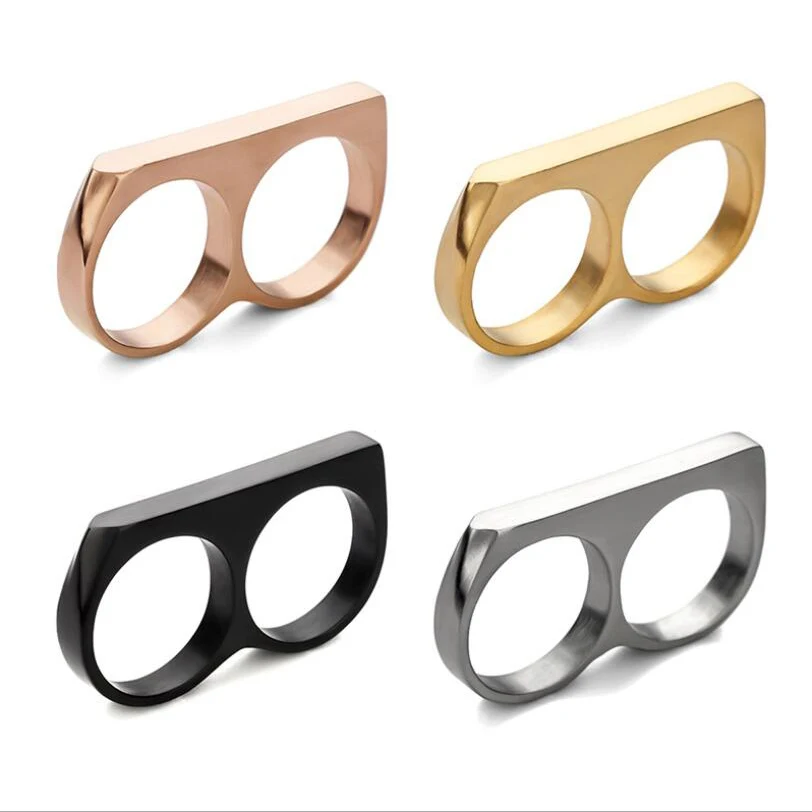 Two Finger Double Ring Rose Gold Steel Rings Personalized Knuckle Ring ...