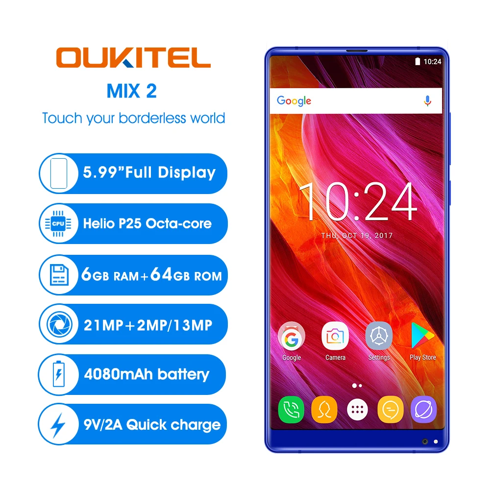 OUKITEL MIX 2 4G Smartphone 5.9'' 18:9 Full Screen Android 7.0 Helio P25 MTK6757 6GB RAM 64GB ...