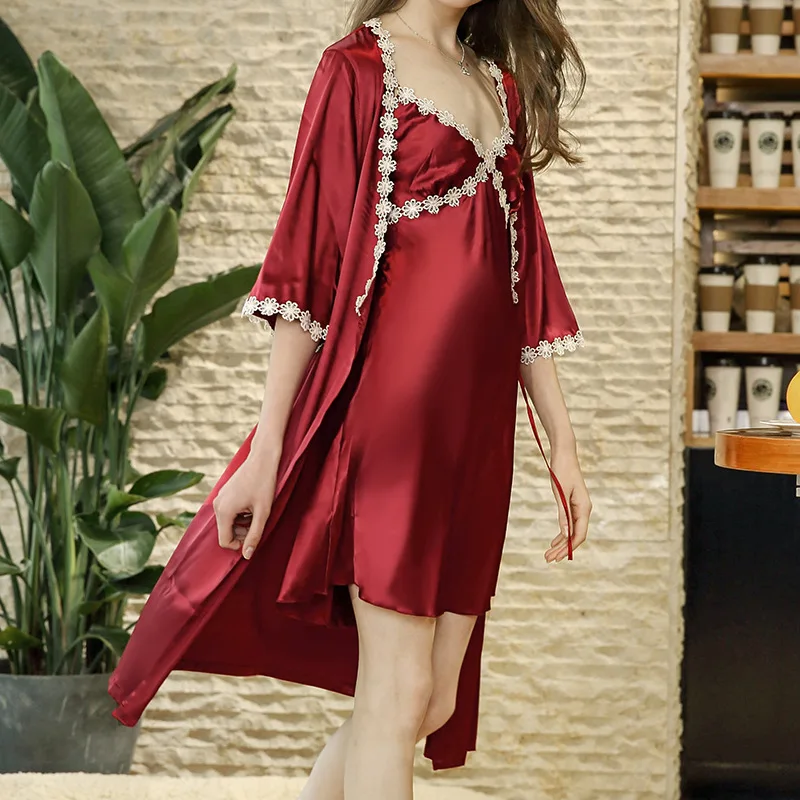 New Elegant Women's robe sets Mini nightwear indoor Sleepwear Silk Feel ...