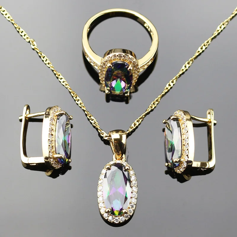 Nobles Gold Color Jewelry Set For Women Fire rainbow White Zircon Rings ...