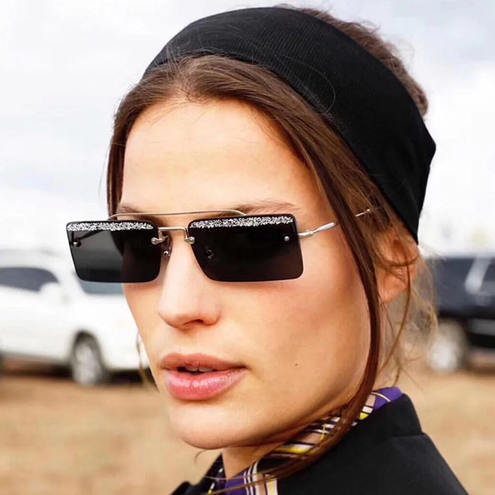 Modern Vintage Luxury Shiny Bling Lens Small Rimless Square Sunglasses ...