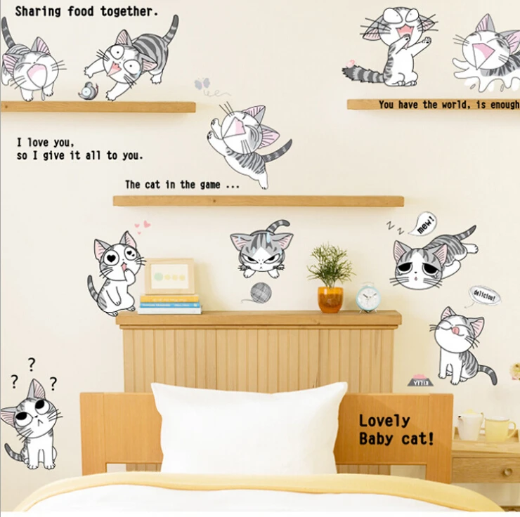 New-Cartoon-Cute-Greetings-Cat-Bedroom-Kids-Rooms-Wall-Stickers ...