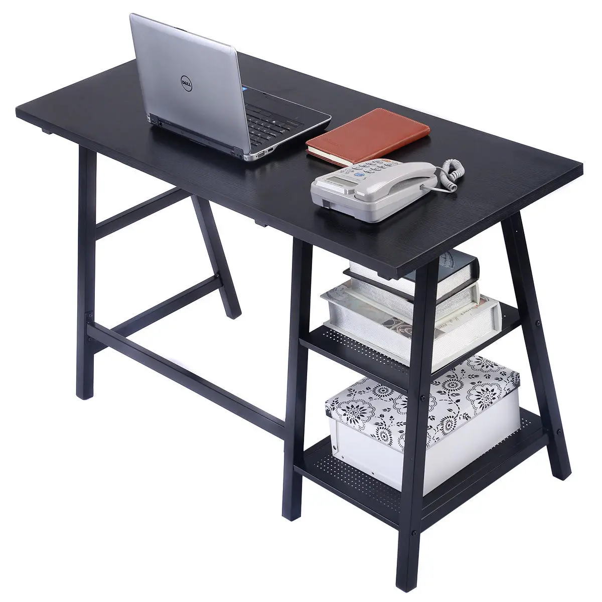 Giantex Modern Trestle Desk Wood Laptop Writing Table with Storage ...