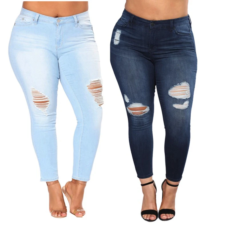 Plus Size Jeans Women High Waist Waisted Skinny Pencil Blue Denim Pants