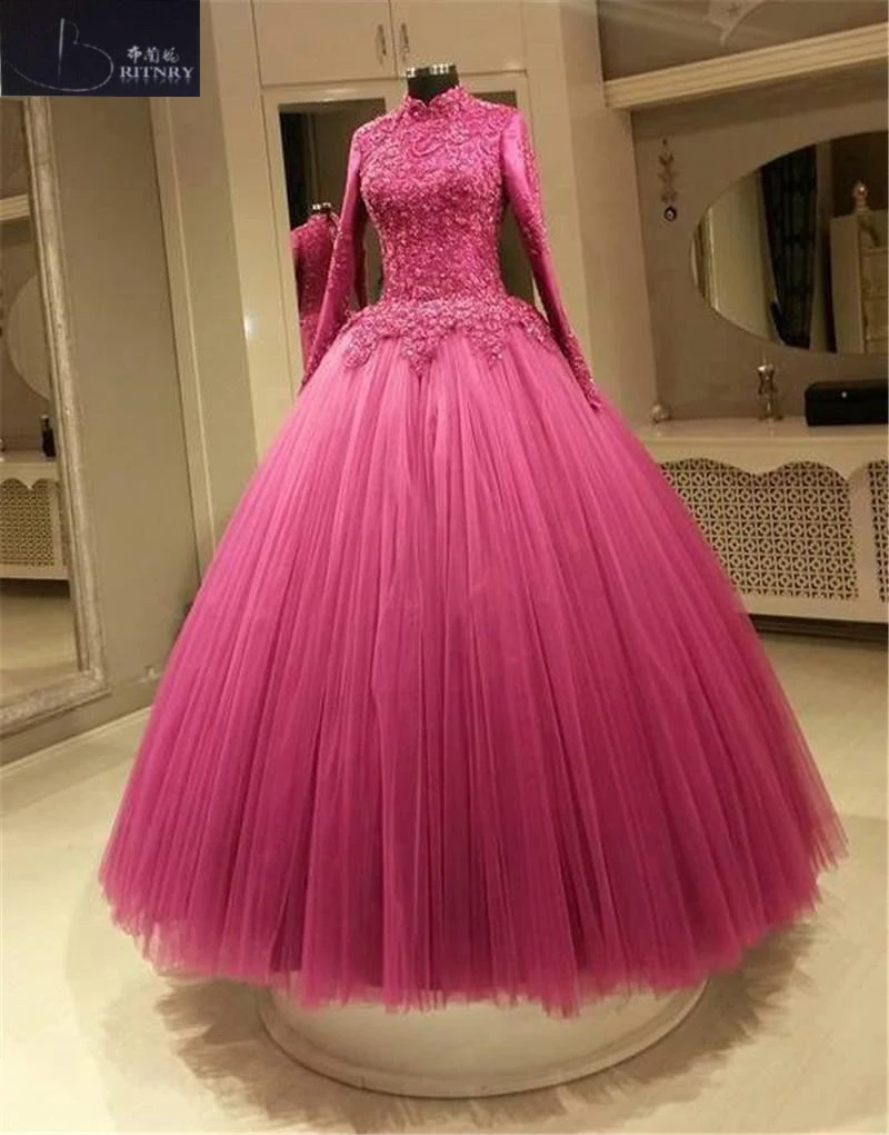 High Neck Long Sleeves Fuchsia Color Muslim Wedding Dresses Ball Gown