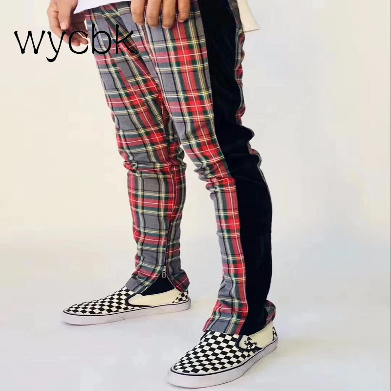 Elastic Waist Side Patchwork Plaid Regular Fit Mens Pants 2018