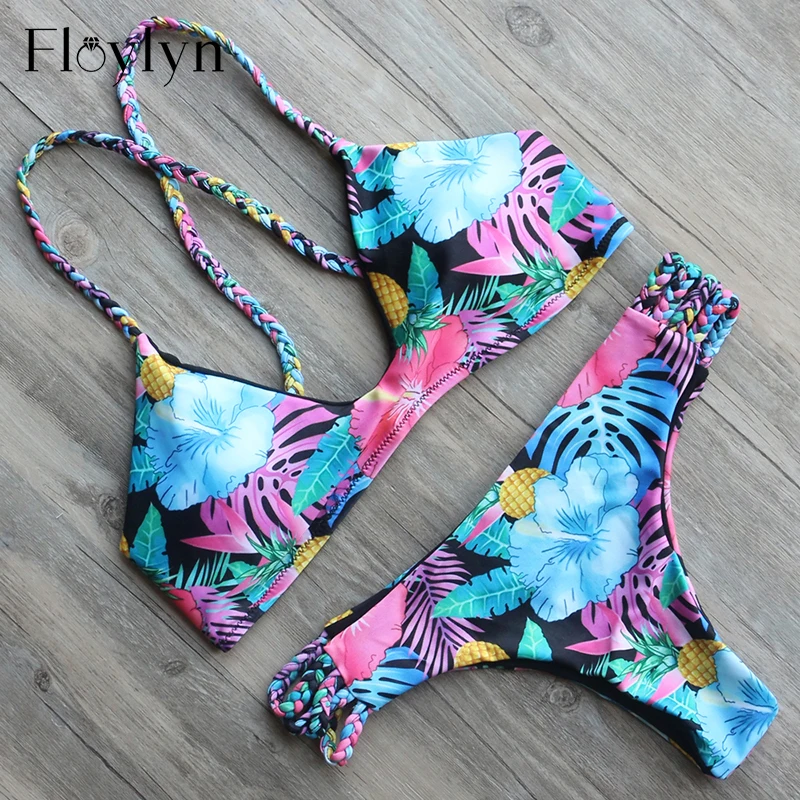 Floylyn Newest Floral Layers Brazilian Bikini Set Sexy Thong Bandage