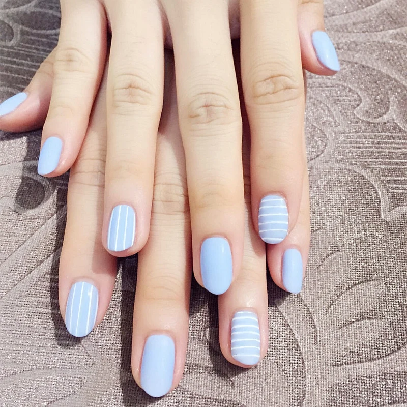 24pcs/set Simple Horizontal Vertical Striped False Nails Summer Middle ...