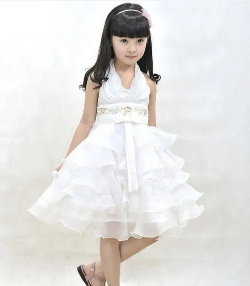 Girl white dress for wedding Girls halter pleated cake dresses white ...