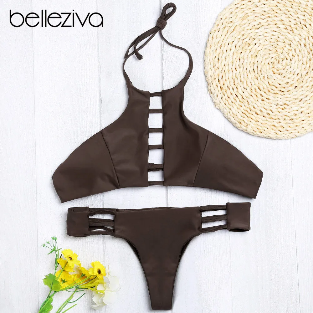 Belleziva Halter Neck Backless Cut Out Tied Strap Sexy Women Bikini Set
