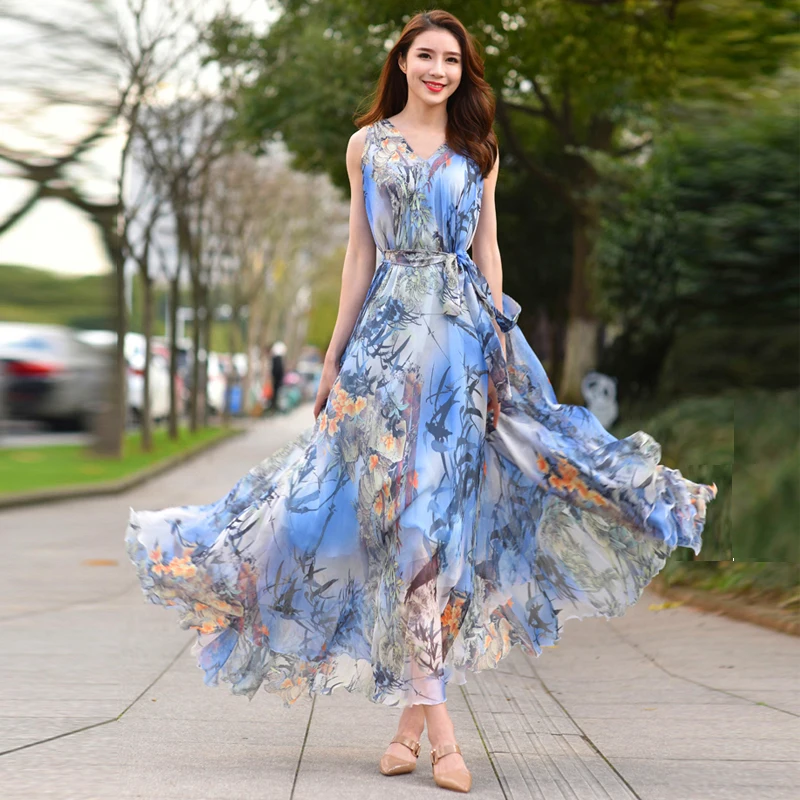 2021 New woman Dress pocket V Neck Flowy Bohemian Floral Long Plus Size