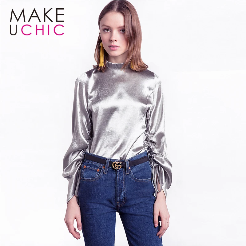 MAKEUCHIC Apparel Solid Silver Blouse Shirt Women Casual Drawstring Tie ...
