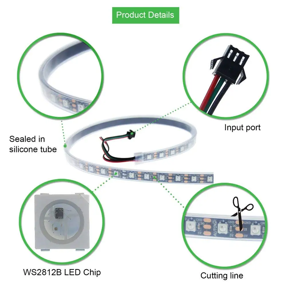 5050 5M WS2812 WS2812B LED Strip Addressable Strips Waterproof 60LED/M ...