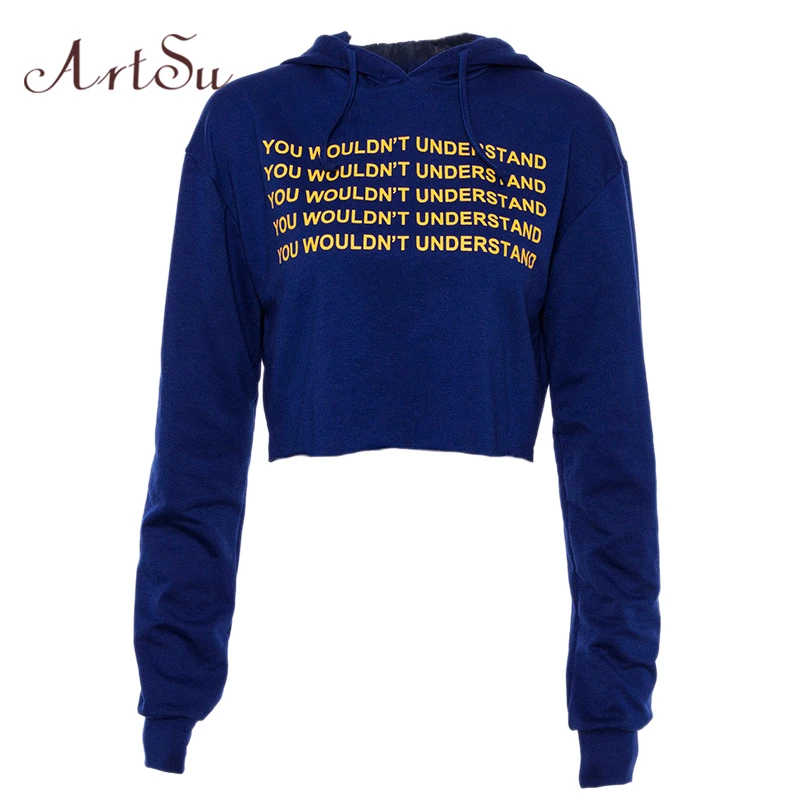 Artsu Autumn Letter Print Long Sleeve Hoodie Sweatshirts Women Crop Top
