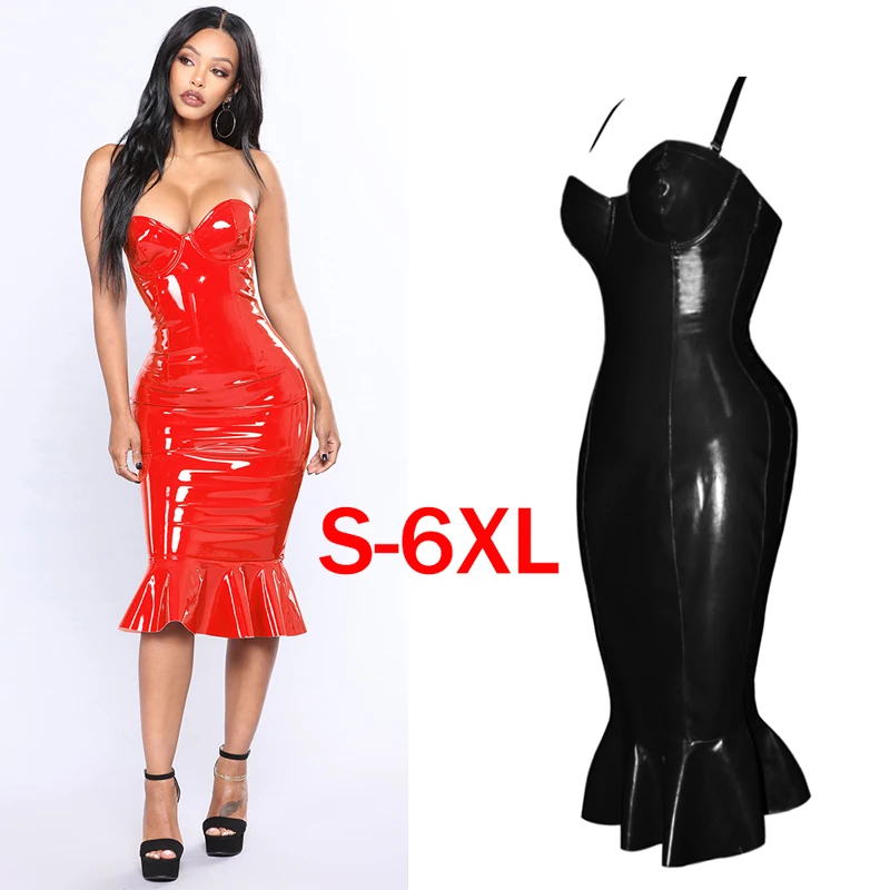 Sexy Bandage Dress Women Shiny Pvc Leather Bodycon Party Dresses Black