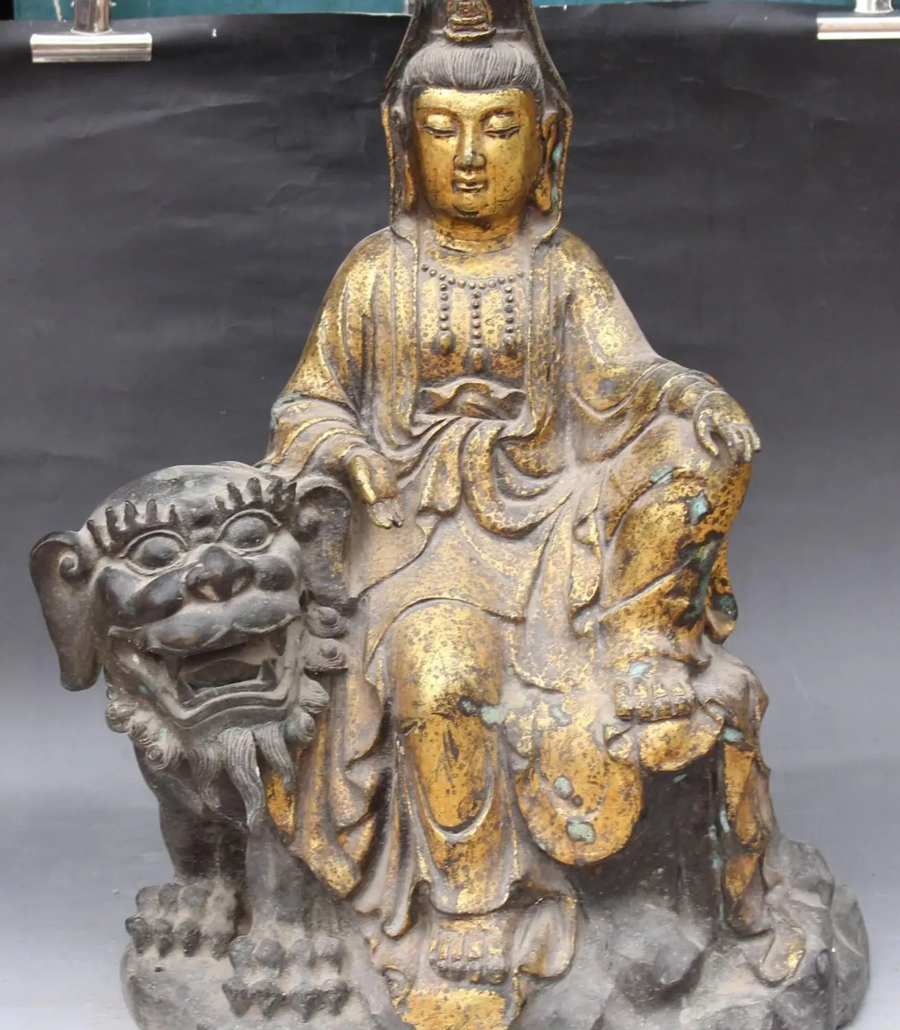 24"Chinese Purple Bronze Gilt Ride Lion Kwan yin Guan Yin Goddess ...