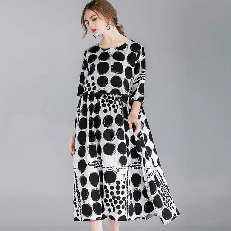 4xl Plus Size Cotton Dresses Women Spring 2019 Lady Casual Loose Extra Large Black Dot Print