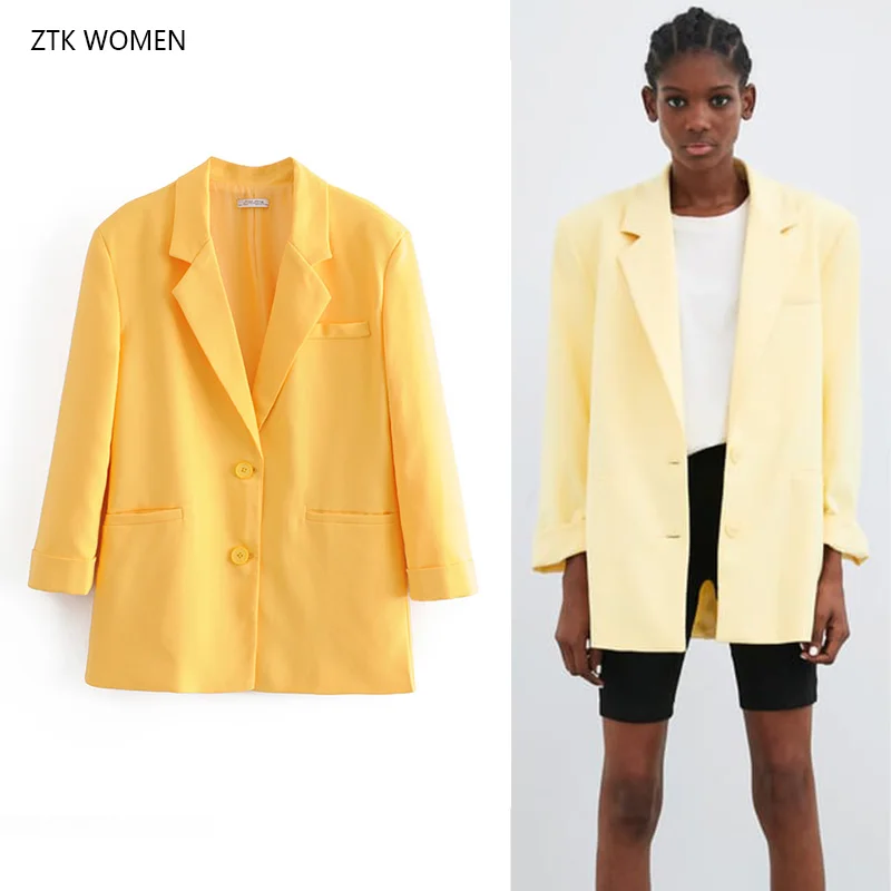 Spring Women Blazers Jackets Chiffon Suit Jacket yellow Long Sleeve ...