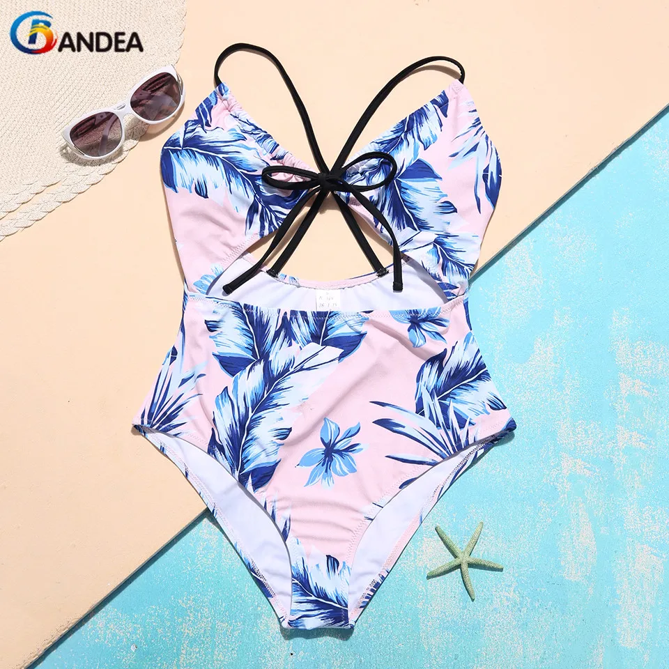 Bandea Women One Piece Swimsuit Blue Floral Print Swimwear Sexy Cut Out