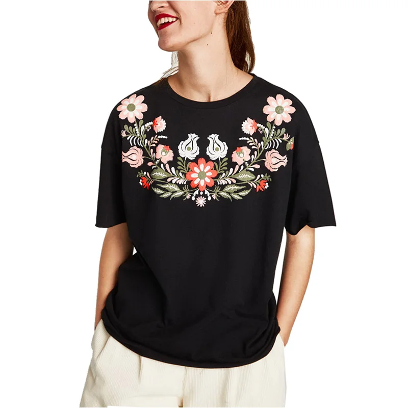Nymph Flower Print T-shirt Black Floral T Shirts Women 2018 Summer O ...