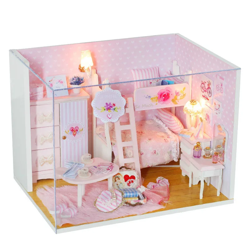 DIY Pink 3D Princess House Wooden Miniature Doll House Kits Mini ...