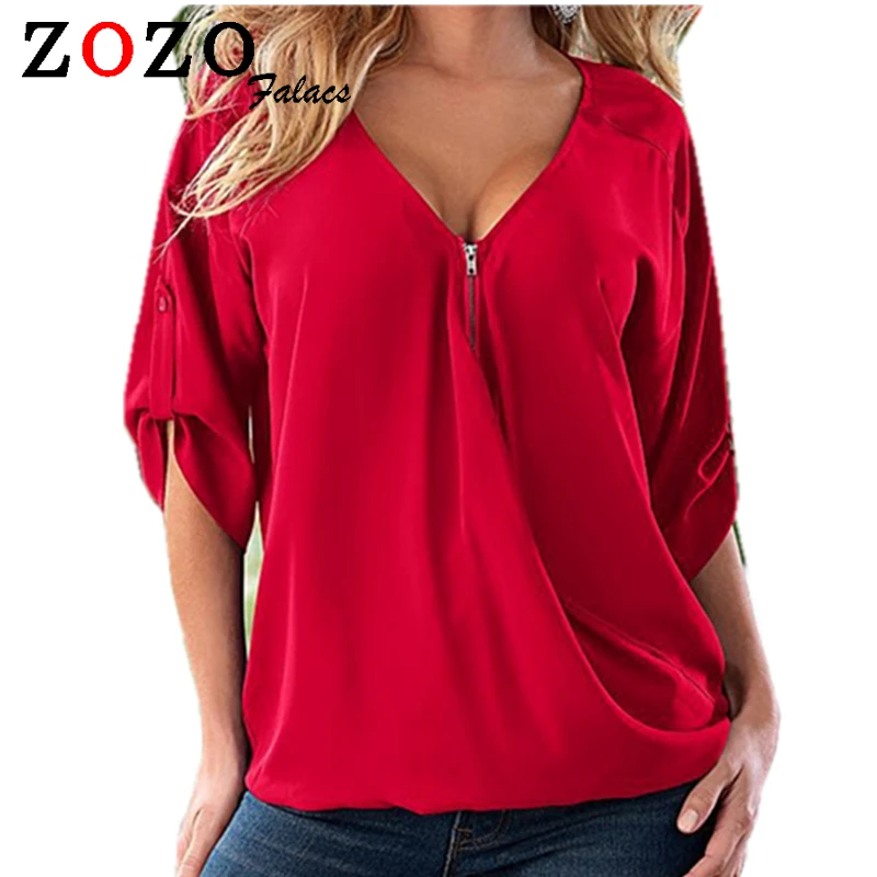 Falacs zozo Fashion Women Blouses Sexy V Neck Zipper Half Sleeve Shirt ...