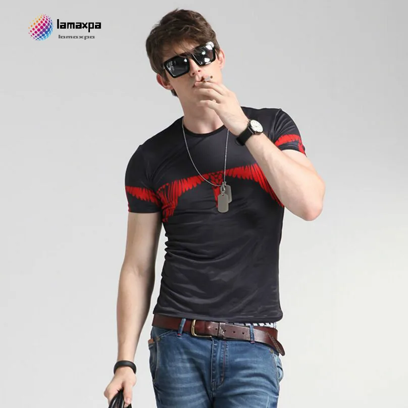 Stylish sexy body hugging men's T shirt stitching ice silk T shirt ...