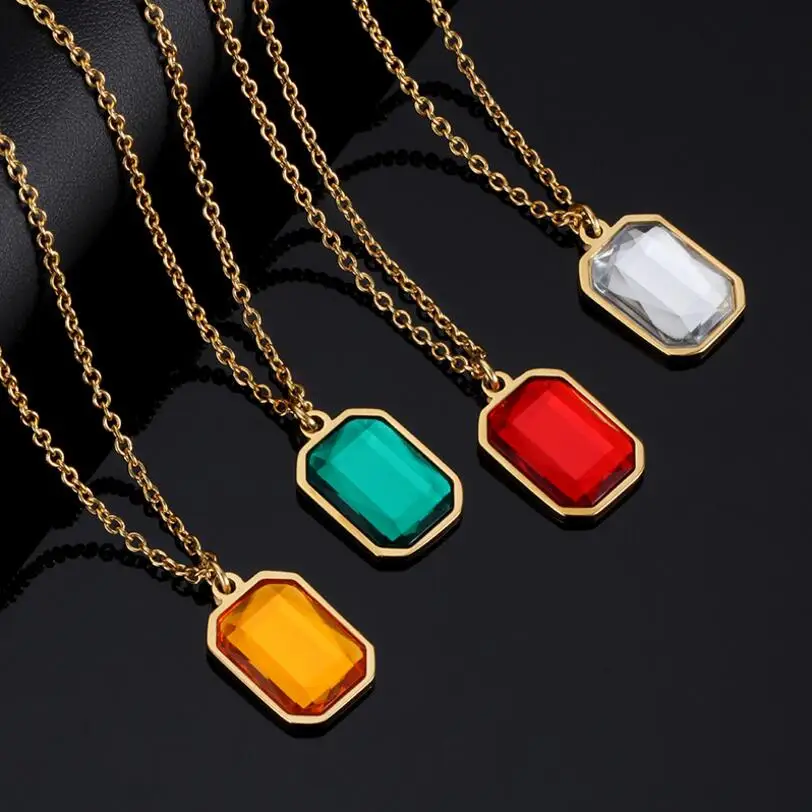 Stainless Steel Link Chain Iced Out Red Square Crystal Stone Pendant ...